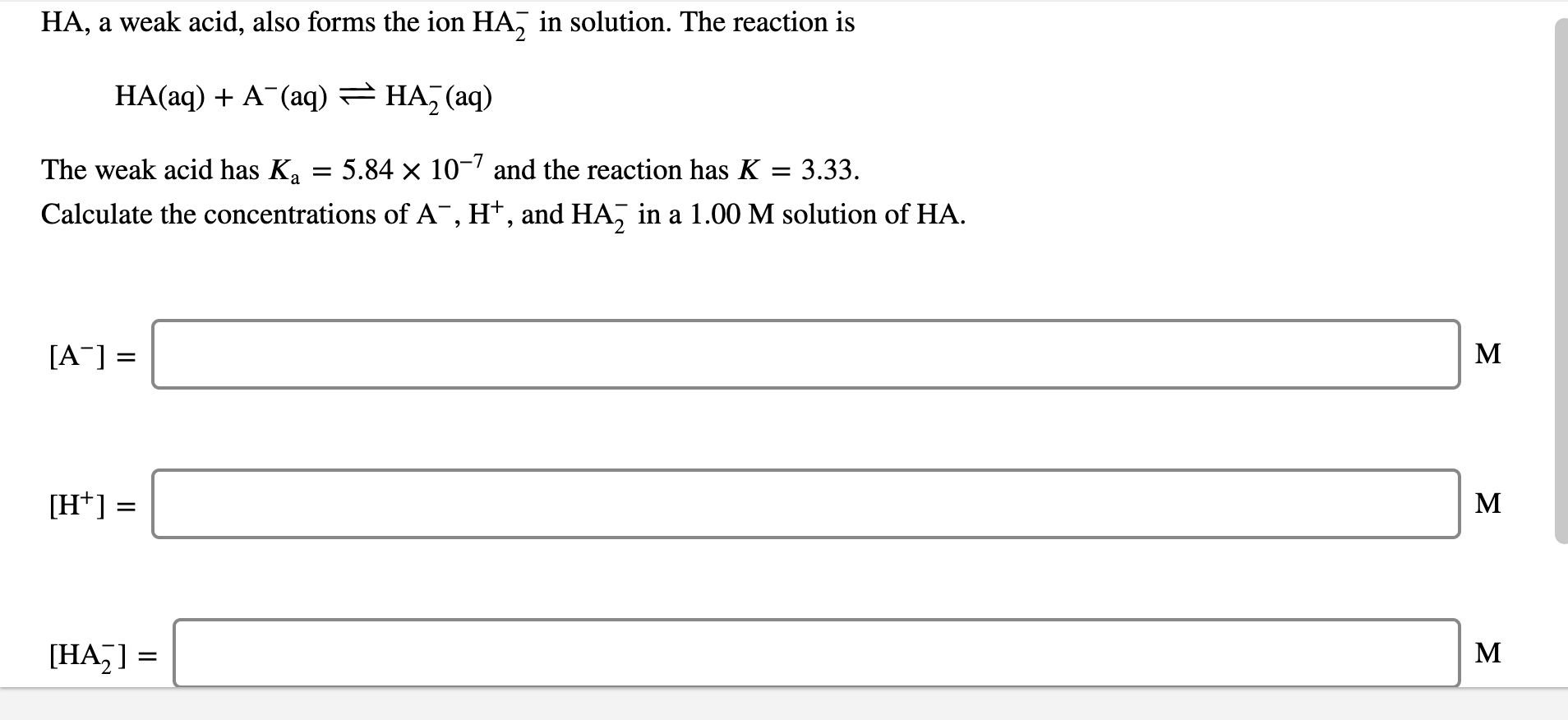 Solved HA, a weak acid, also forms the ion HA, in solution. | Chegg.com