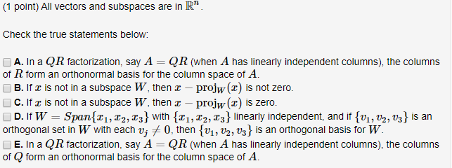 Solved (1 point) All vectors and subspaces are in R". Check | Chegg.com