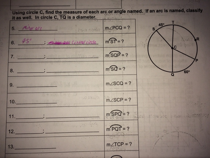 Solved Using circle C, find the measure of each arc or angle | Chegg.com