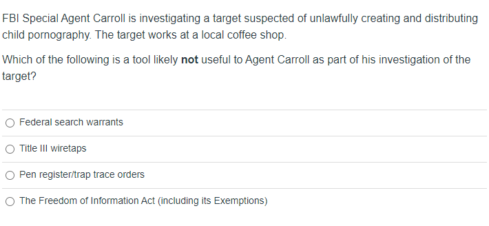 Solved FBI Special Agent Carroll is investigating a target | Chegg.com