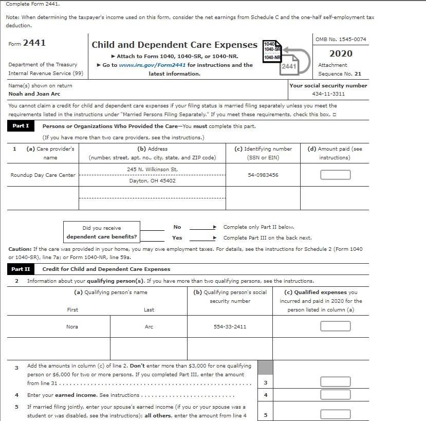 Comprehensive Problem 1 - Part 3: Form 2441 (page 1), | Chegg.com