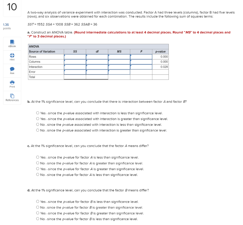 Solved 10 A two-way analysis of variance experiment with | Chegg.com
