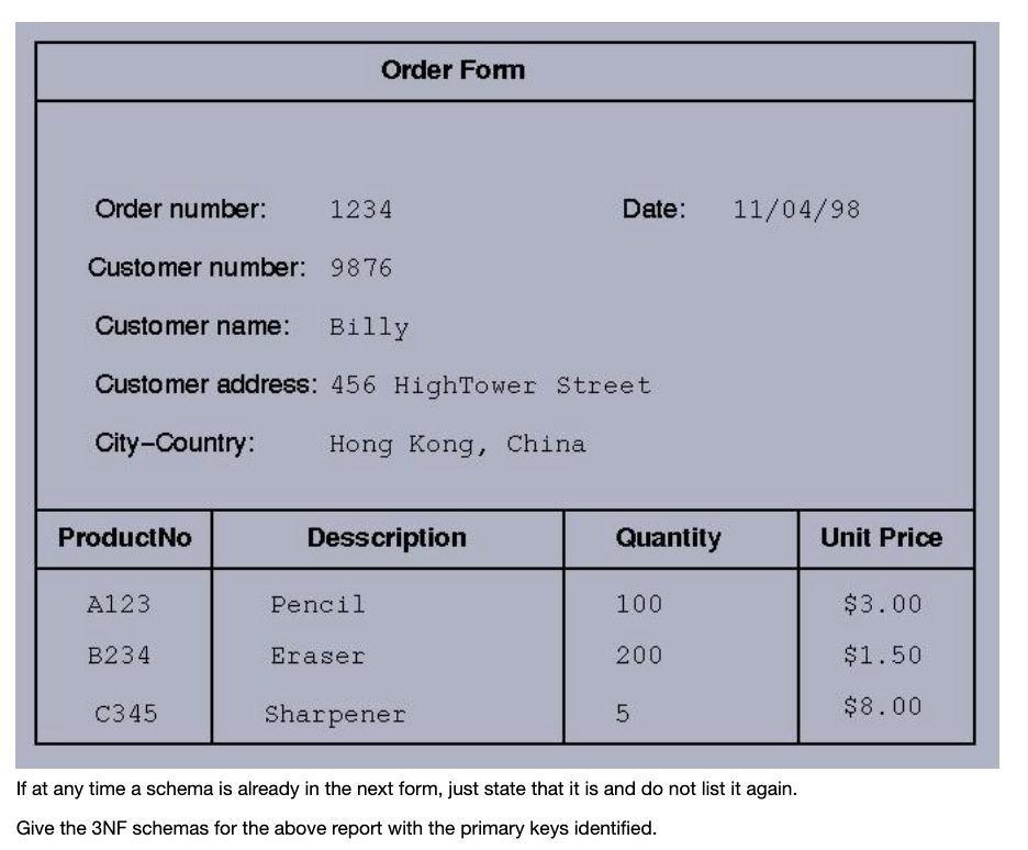 Solved Order Form Order number: 1234 Date: 11/04/98 Customer | Chegg.com