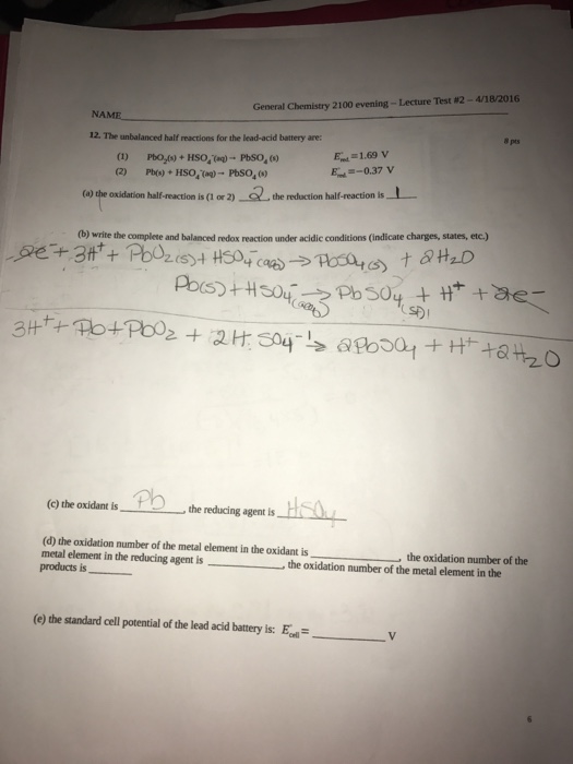 Solved The unbalanced half reactions for the lead-acid | Chegg.com