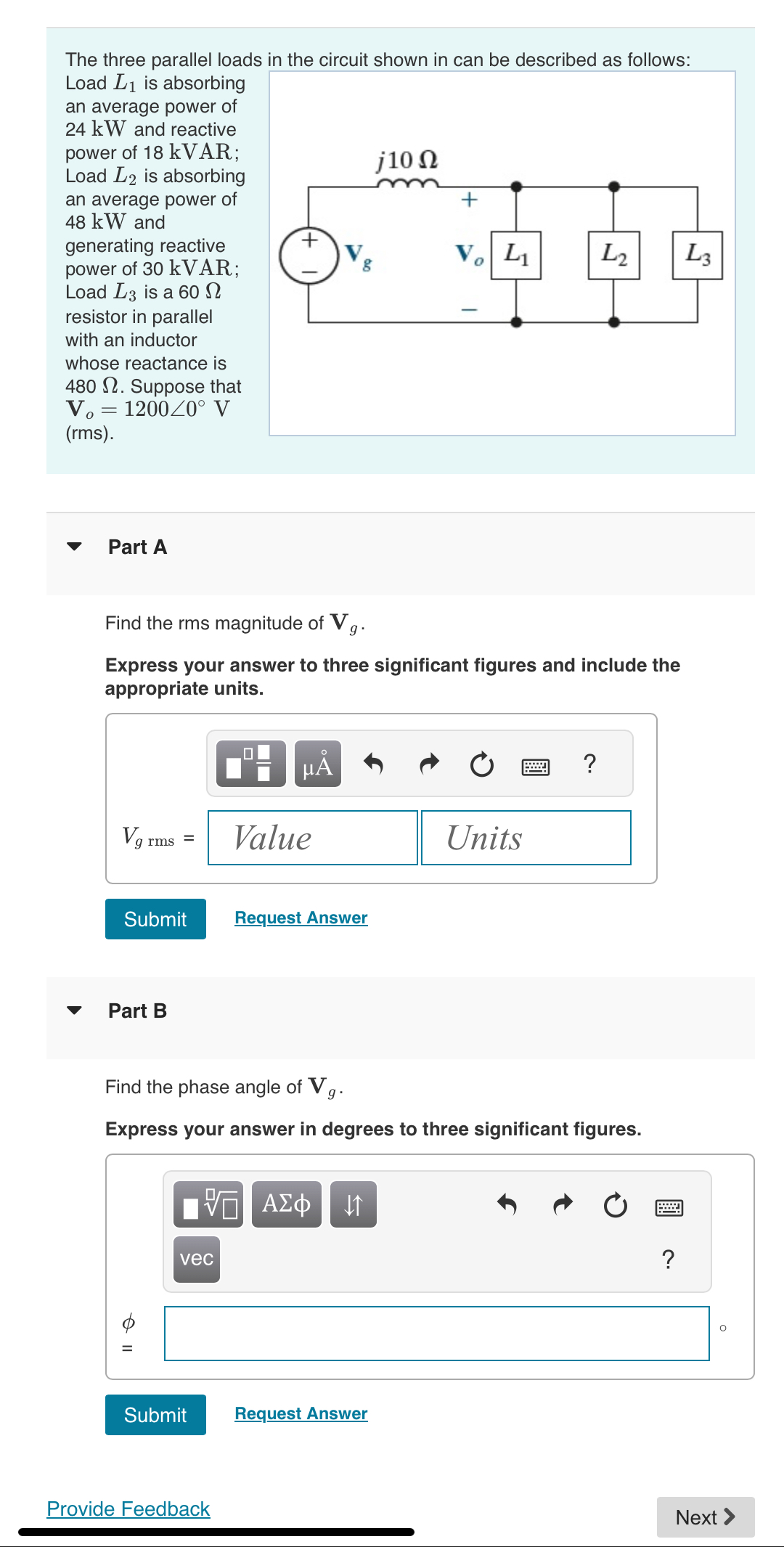 Solved The three parallel loads in the circuit shown in can | Chegg.com