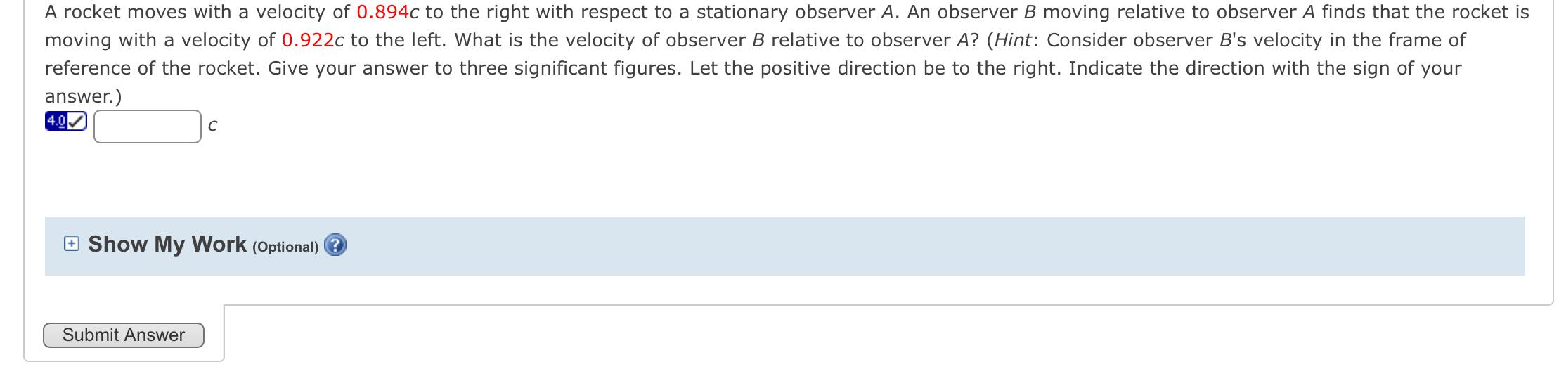 Solved A rocket moves with a velocity of 0.894c to the right | Chegg.com