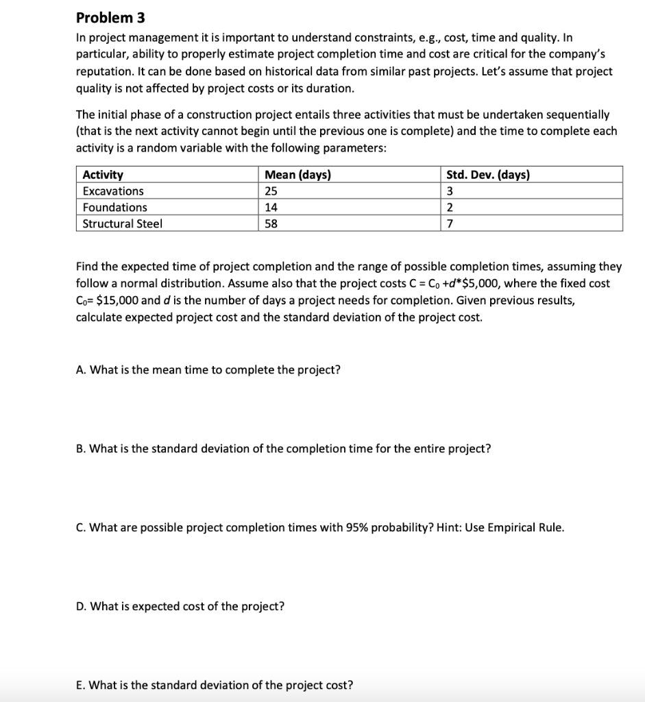 Solved Problem 3 In project management it is important to | Chegg.com