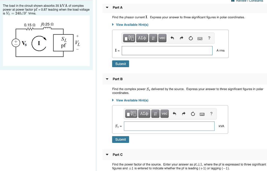 Solved Review Constants Part A The load in the circuit shown | Chegg.com