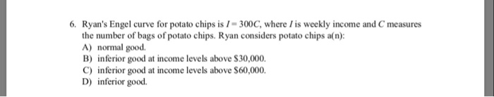 Solved 6. Ryan's Engel curve for potato chips is -300C, | Chegg.com