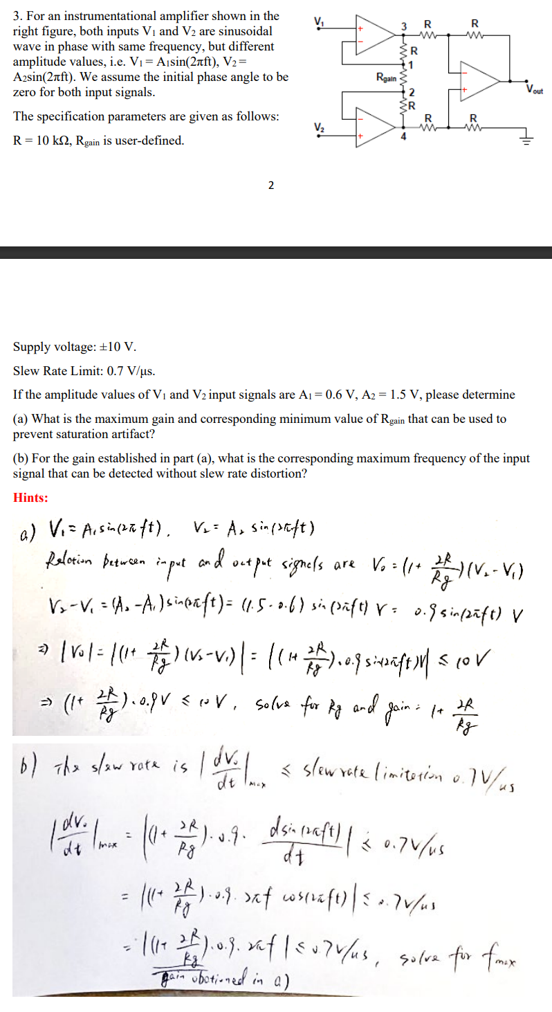 Solved 3. For an instrumentational amplifier shown in the | Chegg.com