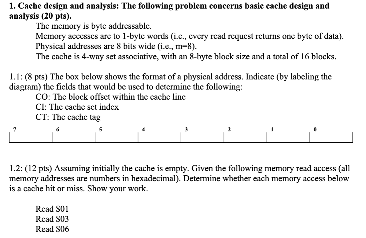 Solved 1. Cache design and analysis: The following problem | Chegg.com