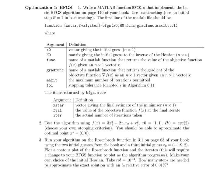 Solved Optimization 1: BFGS 1. Write a MATLAB function | Chegg.com