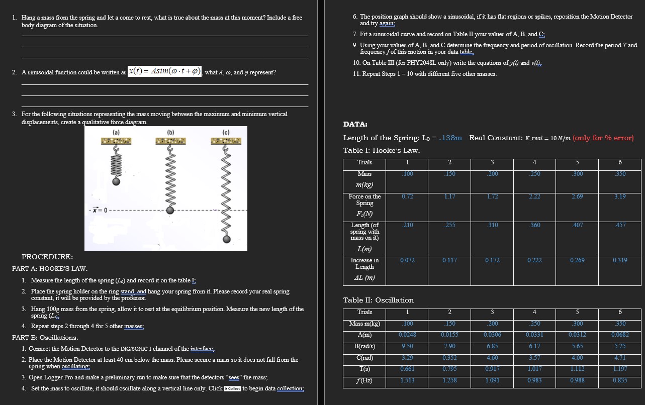 Mass on Spring Lab - Please help with #8: 8. Show | Chegg.com