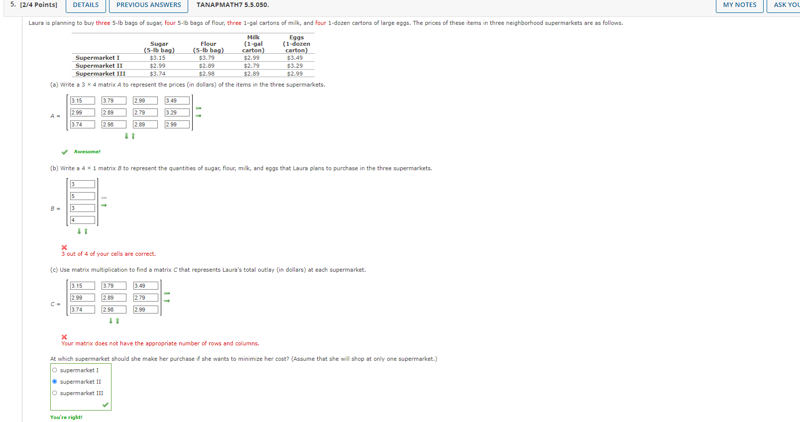 Awesome! (b) Write a 4×1 matrix B to represent the | Chegg.com