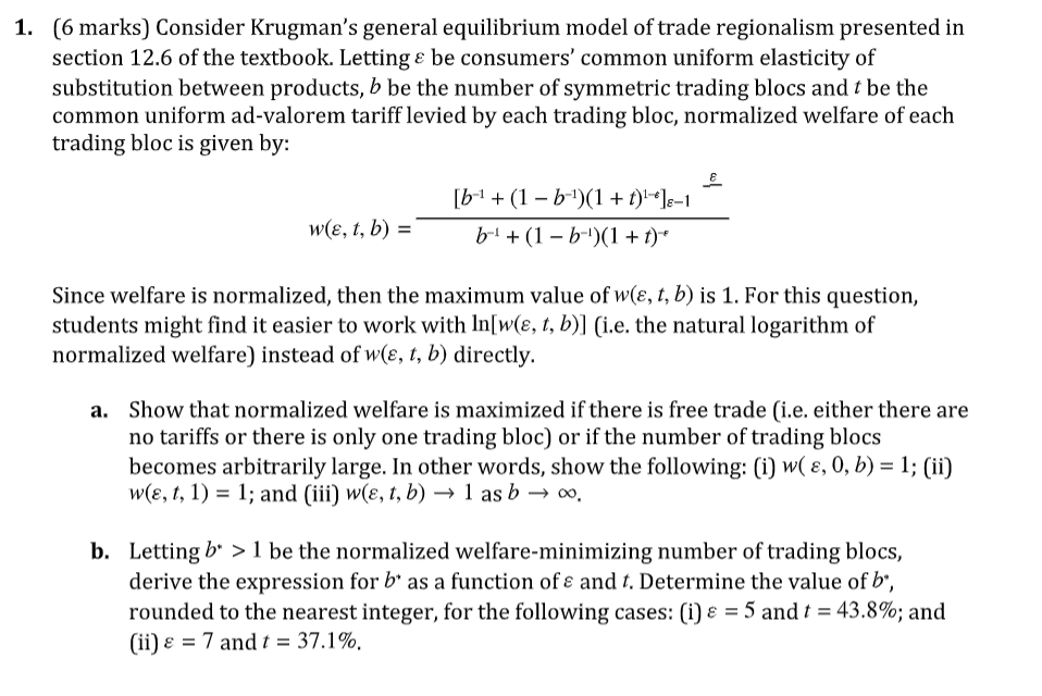 Solved 1. (6 marks) Consider Krugman's general equilibrium | Chegg.com