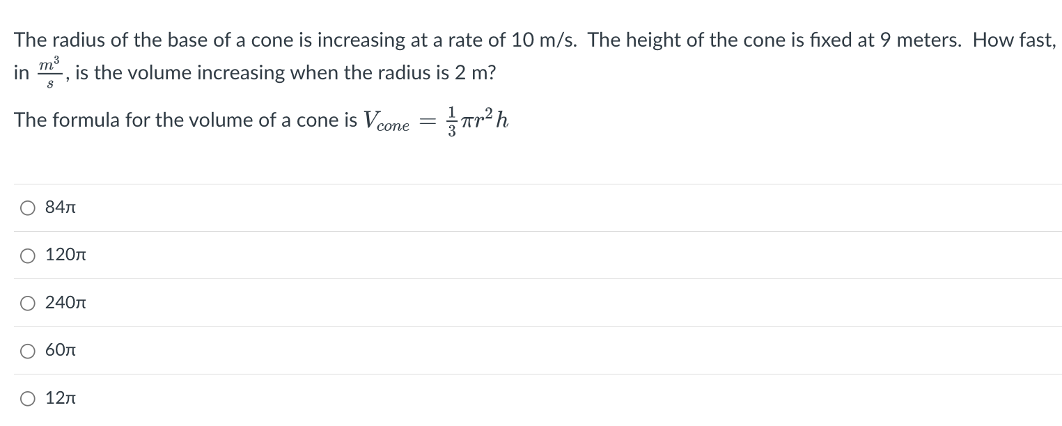 Solved The radius of the base of a cone is increasing at a | Chegg.com