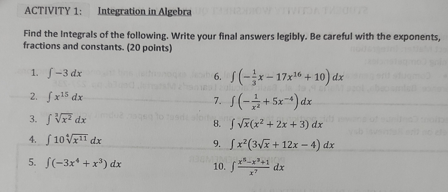 Solved ACTIVITY 1: Integration in Algebra Find the Integrals | Chegg.com
