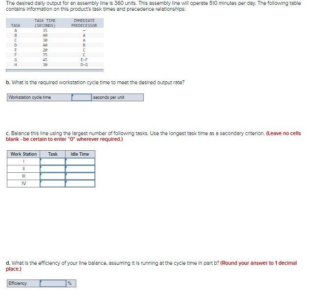 Solved The desired daily output for an assembly line is 360 | Chegg.com