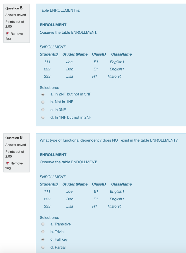 Solved Question 5 Table ENROLLMENT is: Answer saved Points | Chegg.com