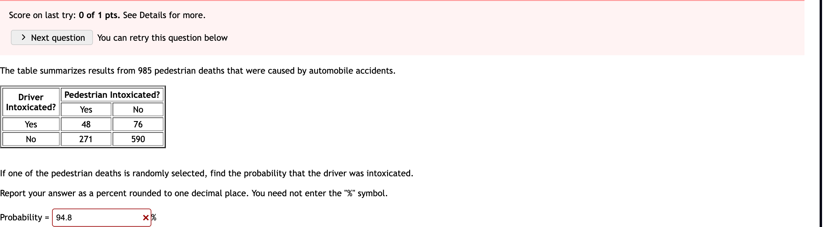 Solved The table summarizes results from 985 ﻿pedestrian | Chegg.com