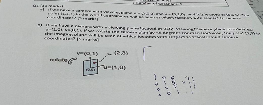 Solved a) If we have a camera with viewing plane u=(1,0,0) | Chegg.com