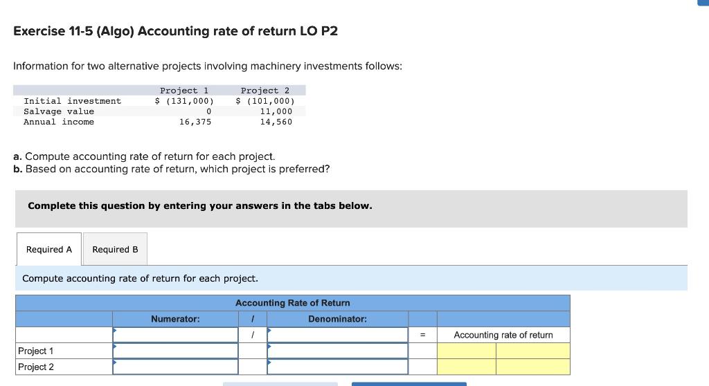 Solved Exercise 11-5 (Algo) Accounting rate of return LO P2 | Chegg.com Solved Exercise 11-5 (Algo) Accounting rate of return LO P2 | Chegg.com