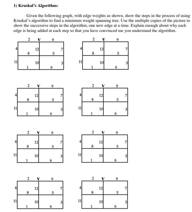 Solved 1 1) Kruskal's Algorithm: Given the following graph, | Chegg.com