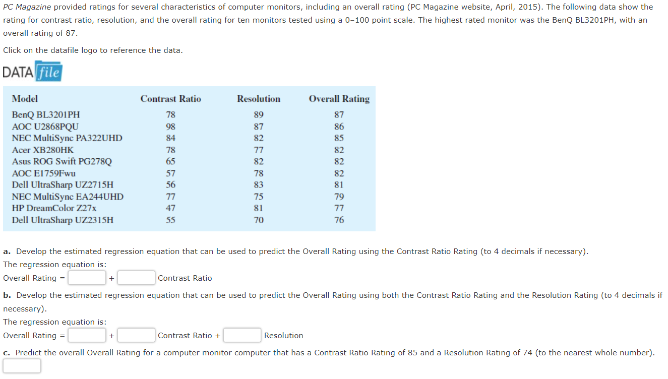 Solved PC Magazine provided ratings for several | Chegg.com