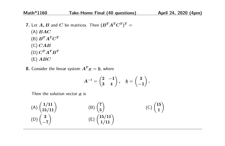 Solved Math*1160 Take-Home Final (40 questions) April 24, | Chegg.com
