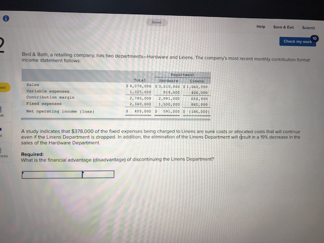 Solved Help Save &Exit Submit 10 Check my work Bed & 8ath, a | Chegg.com