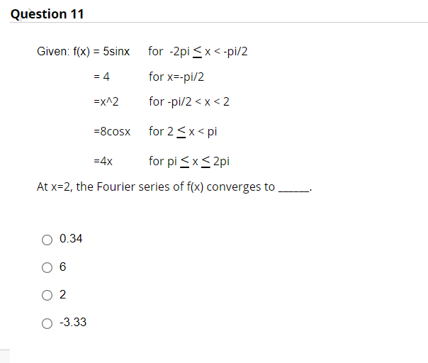 Solved Question 11 Given: f(x) = 5sinx = 4 for -2pi | Chegg.com