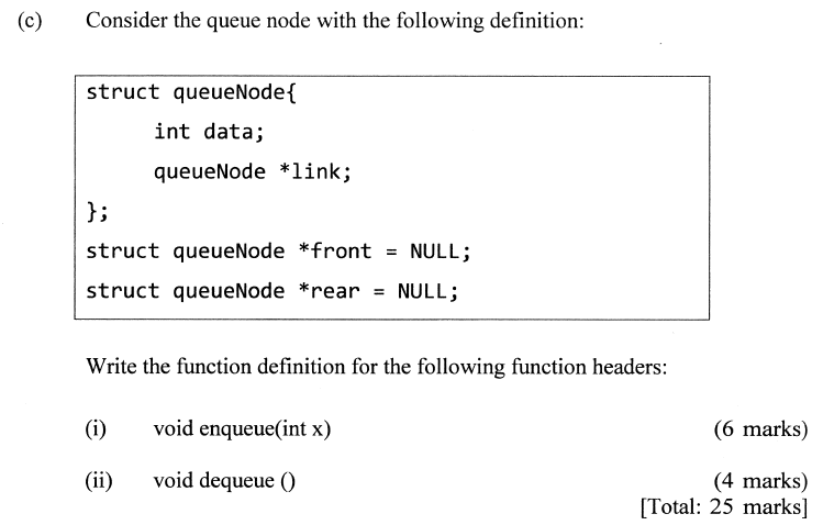Solved (c) C Consider the queue node with the following | Chegg.com