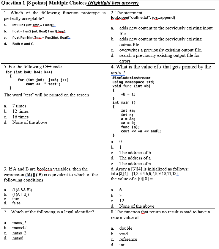 Solved Question 1 (8 points) Multiple Choices (Highlight | Chegg.com