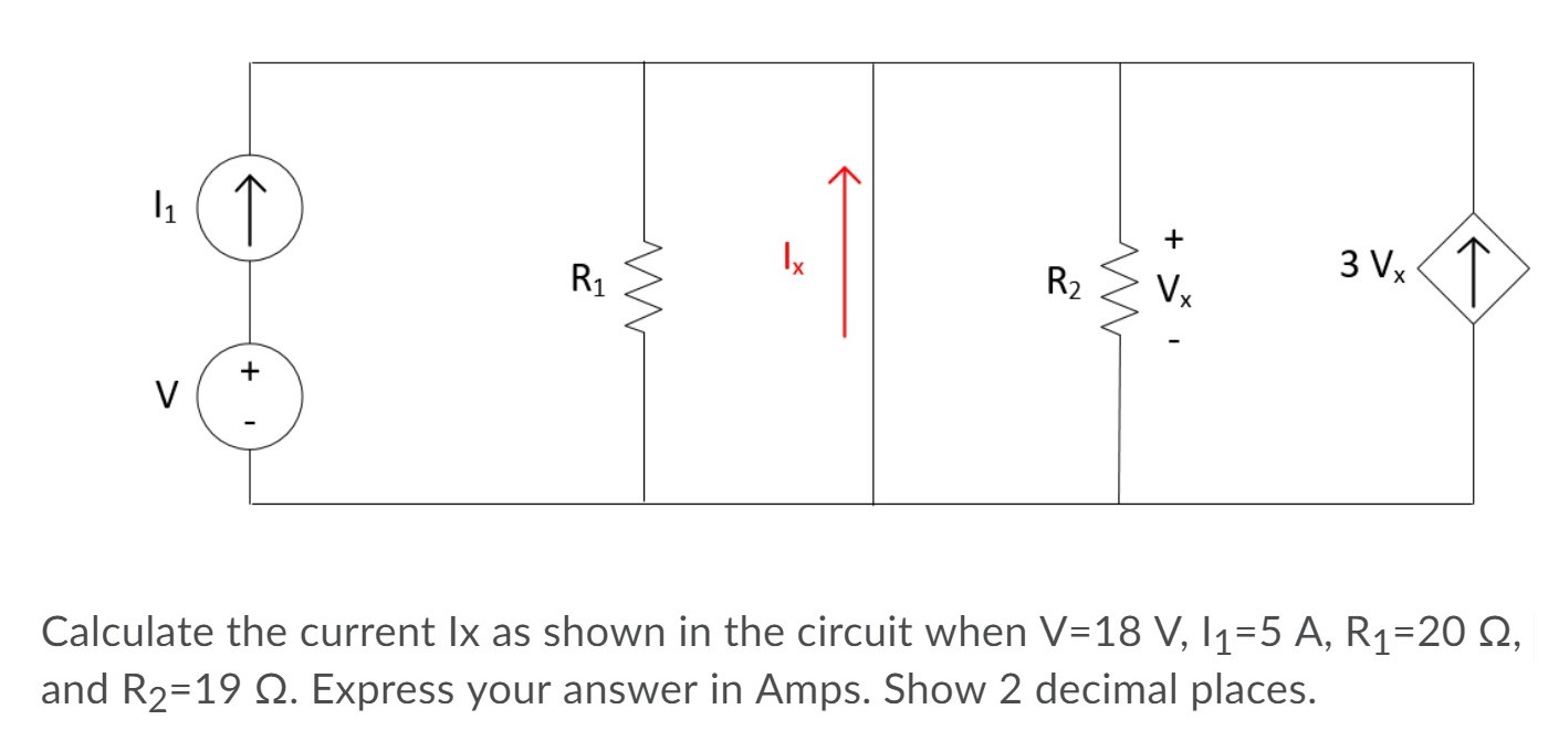 Solved 11 + M IX R1 R2 3 Vx } Vx + V Calculate the current | Chegg.com