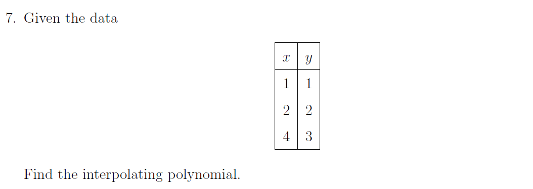 Solved 7. Given the data х y 11 4 3 Find the interpolating | Chegg.com