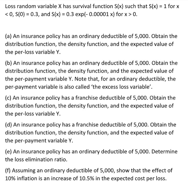 Solved Loss random variable X has survival function S(x) | Chegg.com
