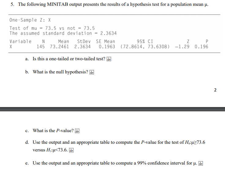 Solved 5. The following MINITAB output presents the results | Chegg.com