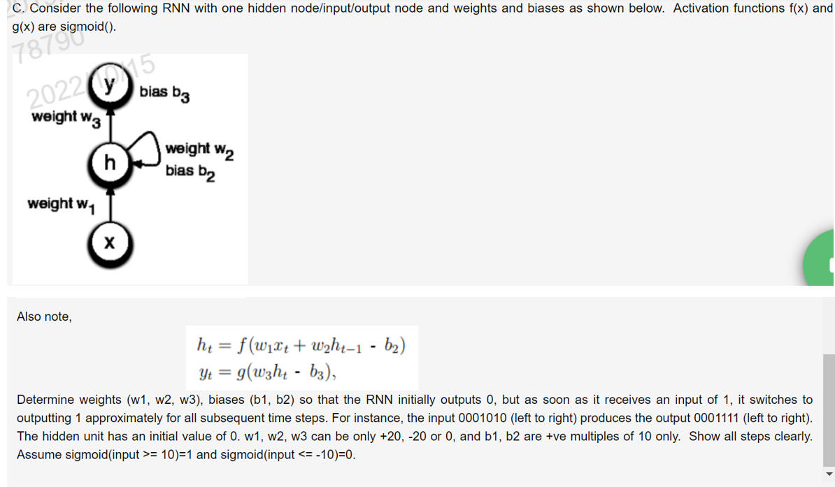 C. Consider the following RNN with one hidden | Chegg.com