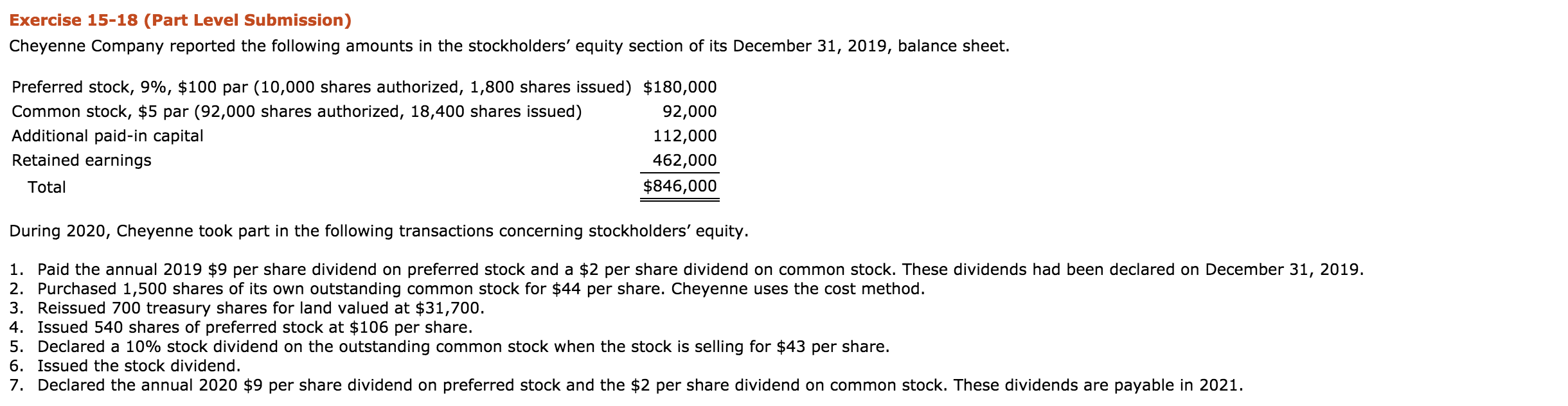 Solved Exercise 15-18 (Part Level Submission) Cheyenne | Chegg.com