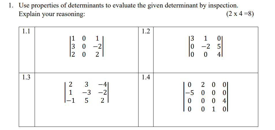 Solved Use properties of determinants to evaluate the given | Chegg.com