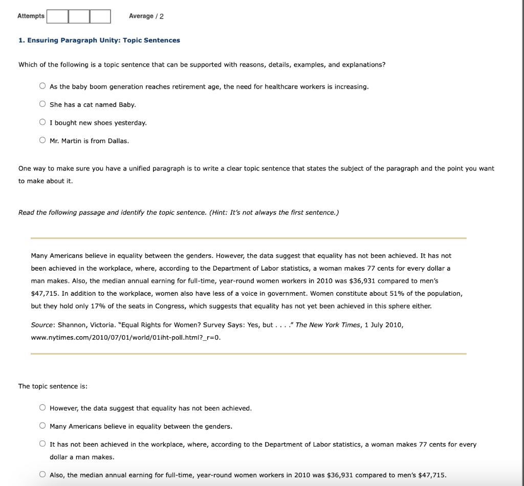 Solved Attempts Average/2 1. Ensuring Paragraph Unity: Topic | Chegg.com