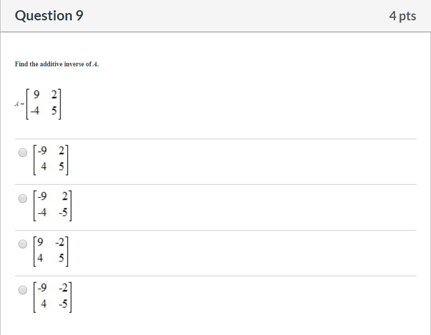 Solved Question 9 4 pts Find the additive inverse of A. | Chegg.com