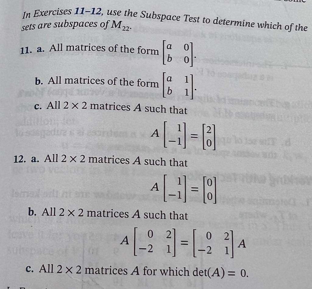 Solved In Exercises 11-12, use the Subspace Test to | Chegg.com