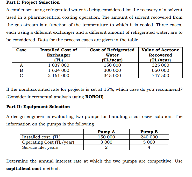 Part I: Project Selection A condenser using | Chegg.com