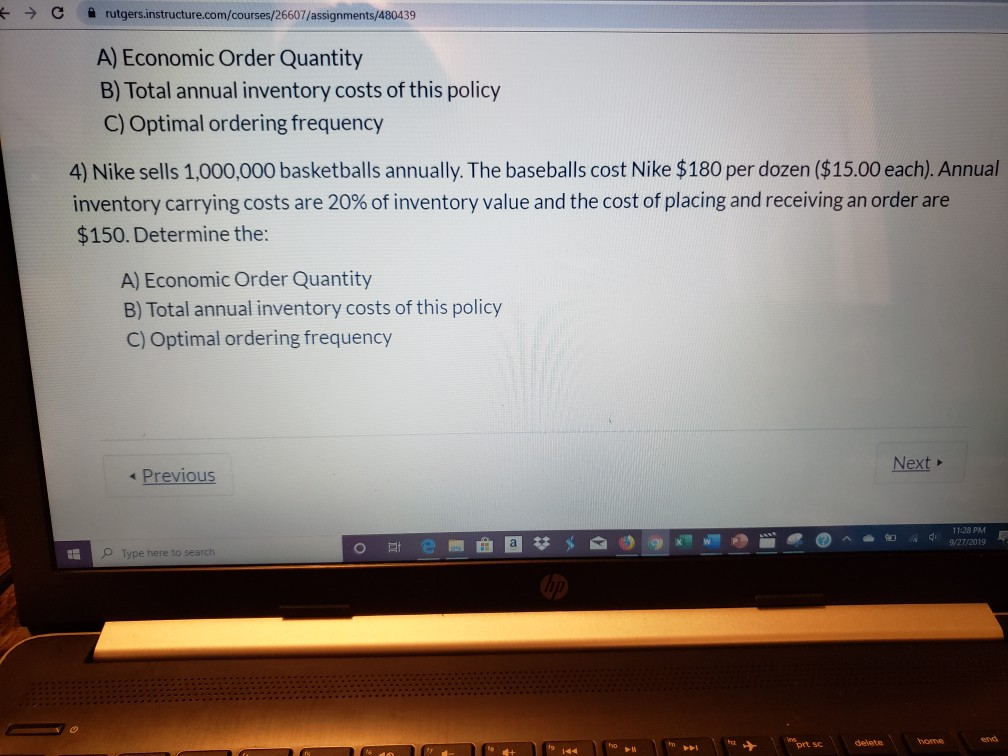 Solved Economic Order Quantity EOQ formula (Q*): Q*= 250 | Chegg.com