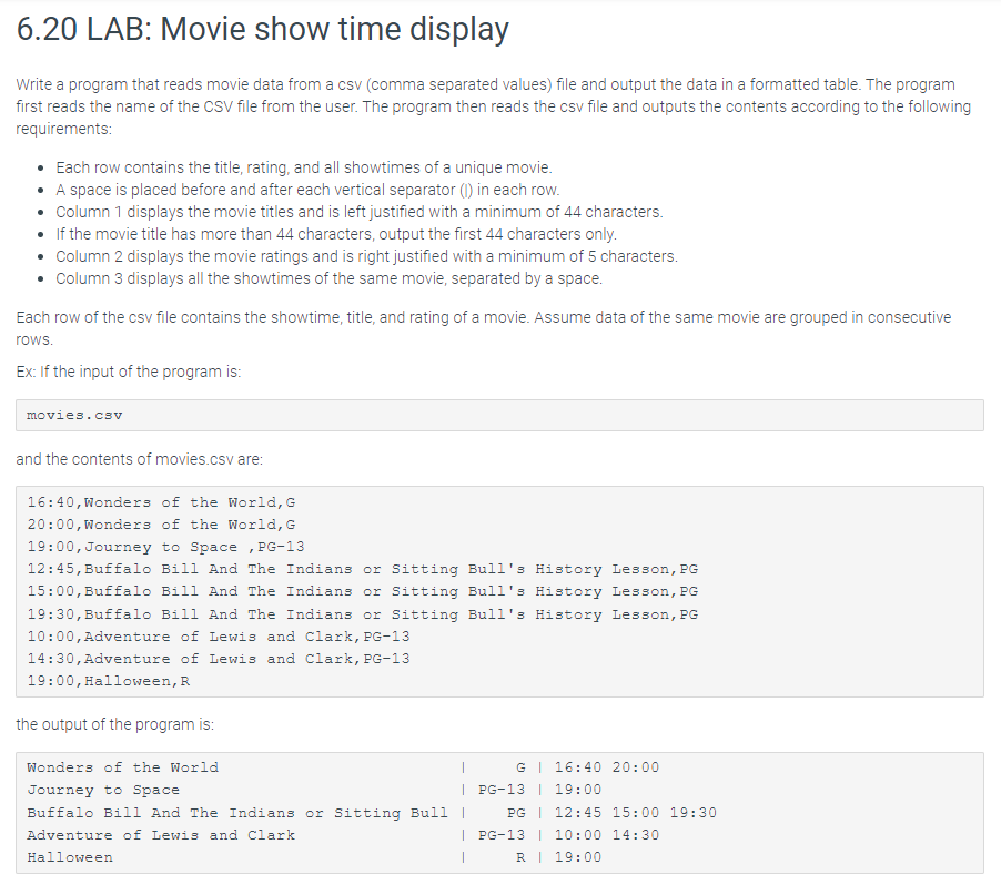 Solved 6.20 LAB: Movie show time display Write a program | Chegg.com