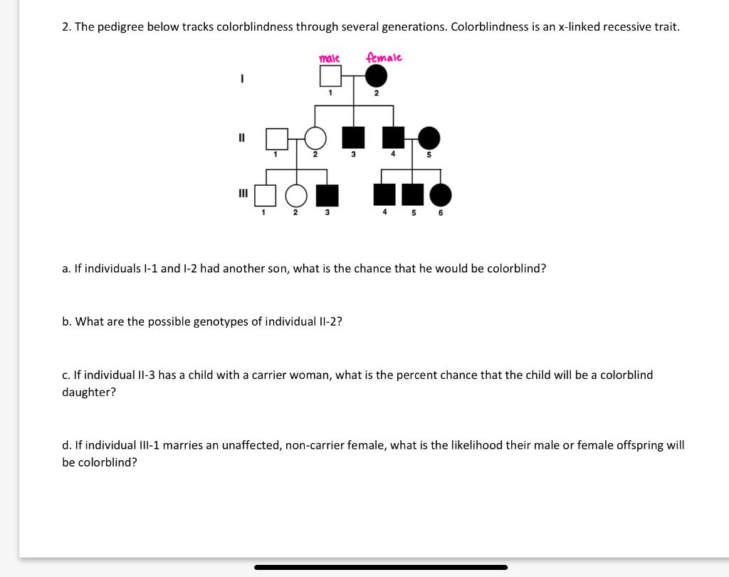 Solved the pedigree below tracks color blindness through | Chegg.com