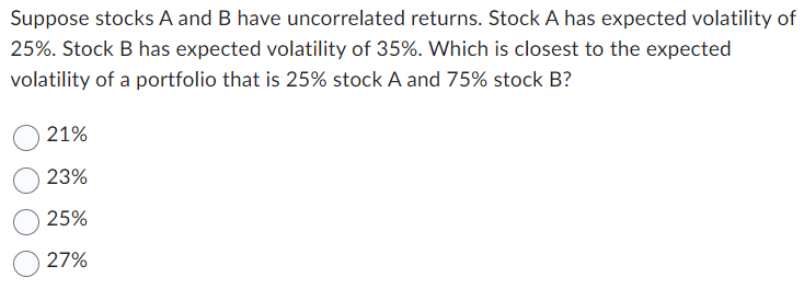 Solved Suppose stocks A and B have uncorrelated returns. | Chegg.com