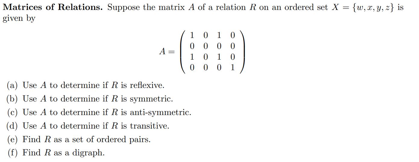 Solved Matrices of Relations. Suppose the matrix A ﻿of a | Chegg.com