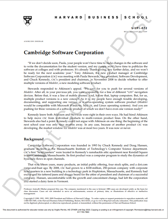 Solved Cambridge Software Corporation "If we don't decide | Chegg.com